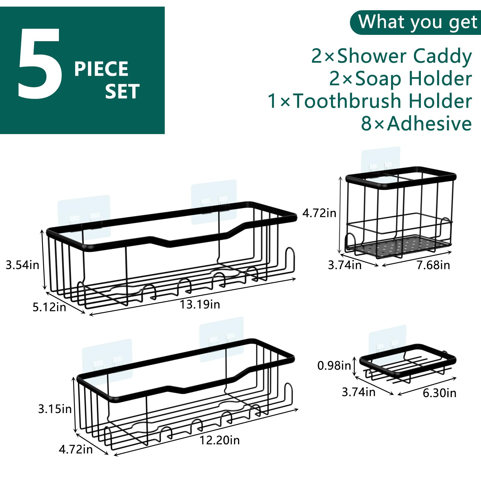 RM FOLD Shower Caddy, 5 Pack Adhesive Shower Organzier, No Drilling Shower Shlves, Rustproof Stainless Steel Bathroom Shower Organzier for Bathroom, Kitchen and Dorm Organization and Storage, Black
