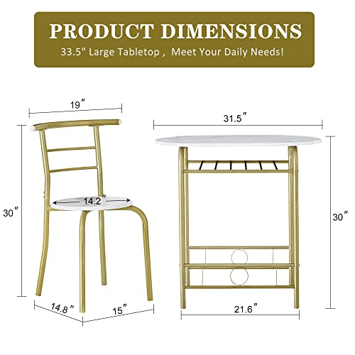 VECELO 3 Piece Small Round Dining Table Set for Kitchen Breakfast Nook, Wood Grain Tabletop with Wine Storage Rack, Save Space, 31.5", White & Gold