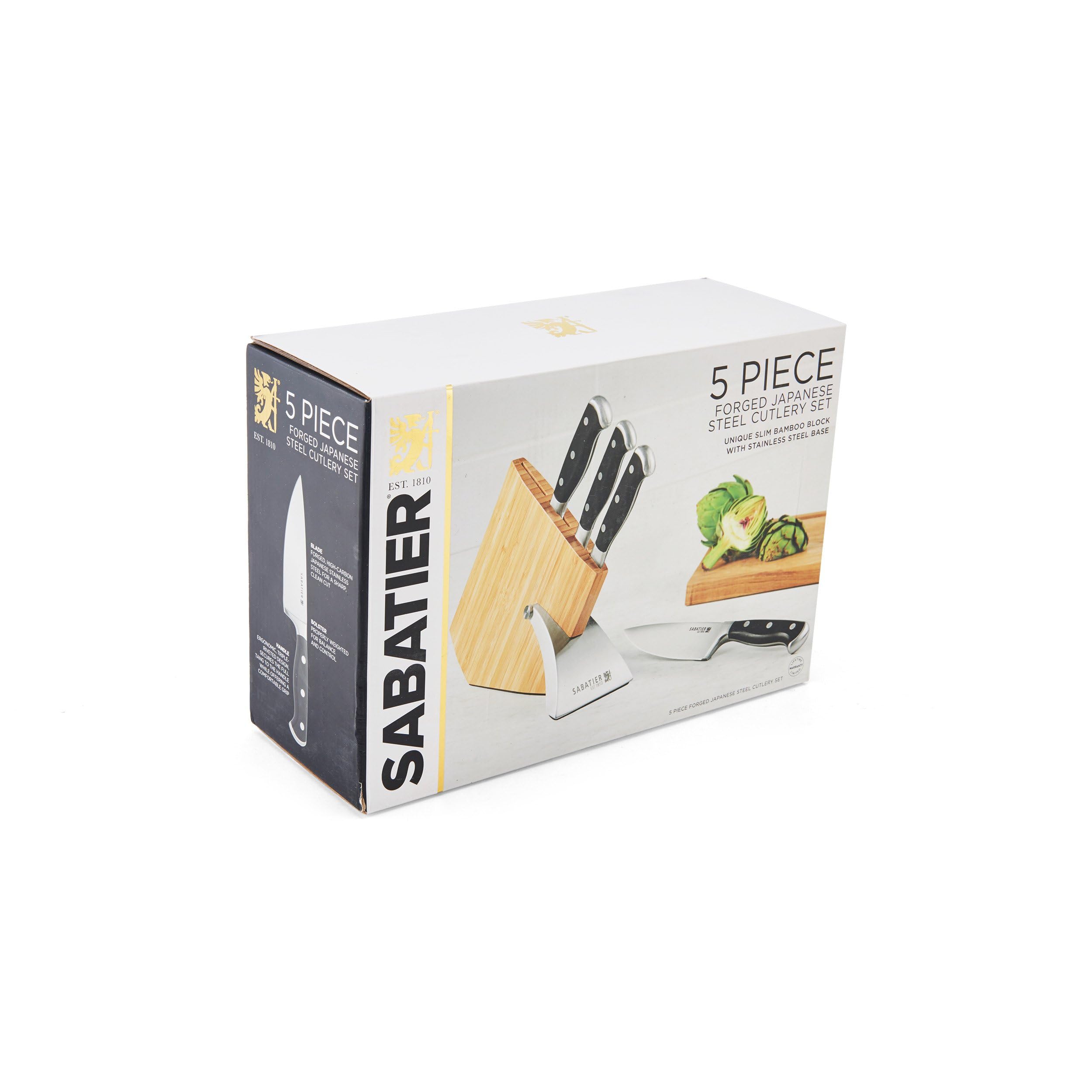 Sabatier Slim-Style Forged Japanese Stainless Steel Triple Rivet 5-Piece Prep Knife Set with Bamboo Storage Block - Expert Blade Retention & Precision Results
