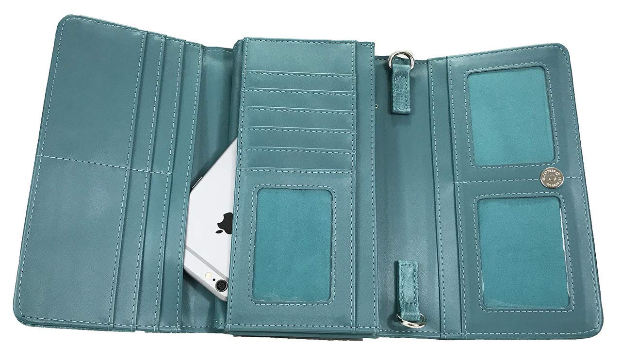 Zzfab Rhinestone Cross Embroidered Floral Western Cross Wallet Turquoise