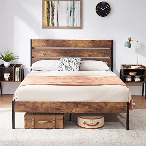 VECELO Platform Queen Bed Frame with Rustic Vintage Wood Headboard and Footboard, Mattress Foundation, Strong Metal Slats Support, No Box Spring Needed