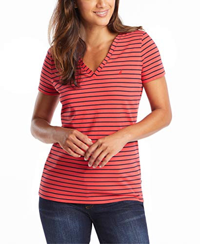 Nautica Women's Easy Comfort V-Neck Striped Supersoft Stretch Cotton T-Shirt, Rose Coral, Large