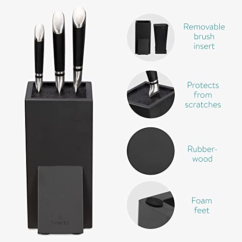 Navaris Universal Knife Block Holder - Rubber Wood Stand with Bristles to Fit Different Sizes of Knives - Angled Design, 9.8" x 5.9" x 4.1’" - Black