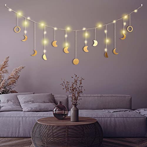 Moon Phase Wall Decor with LED String Light, 13 Gold Hammered Wood Boho Wall Hanging Decor Mood Garland 56'' - Celestial Phases Moon Decor in Bohemian Style for Bedroom Home Living Room Gift