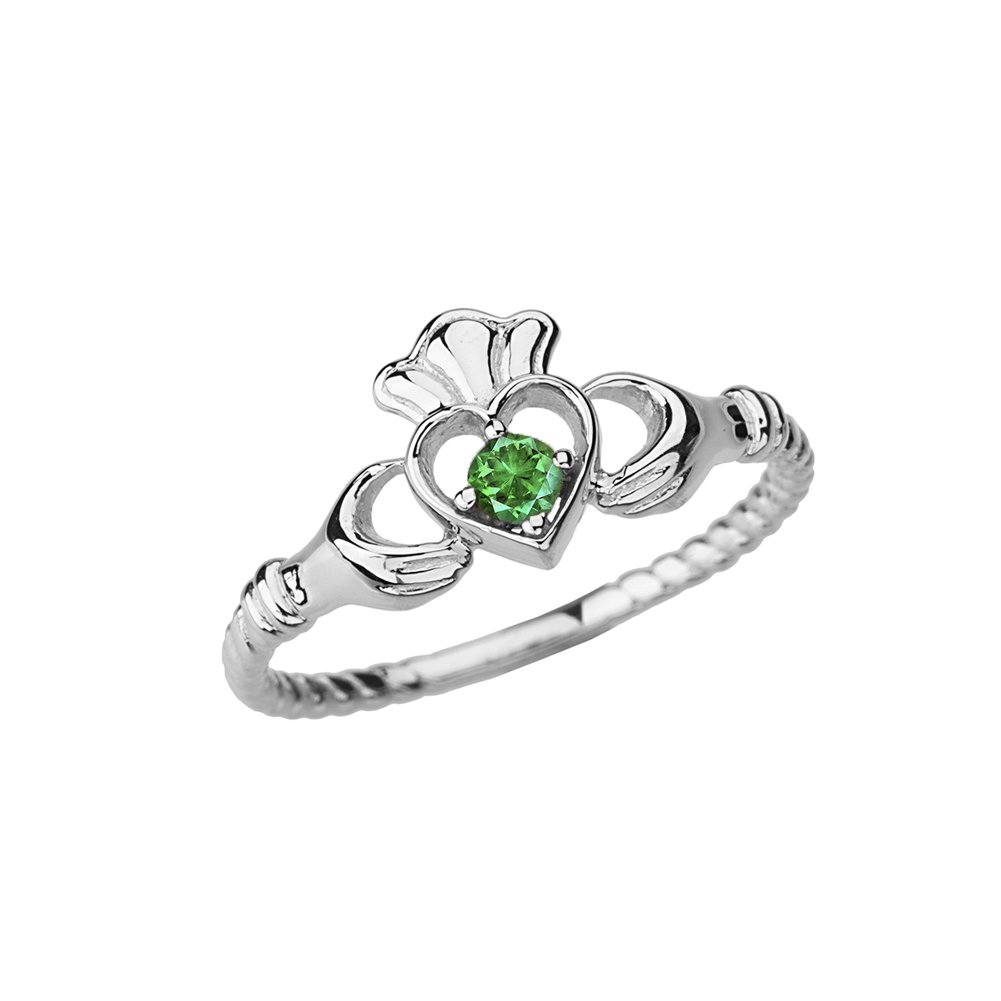 Dainty 10k White Gold Open Heart Solitaire Emerald Rope Claddagh Promise Ring (Size 4)