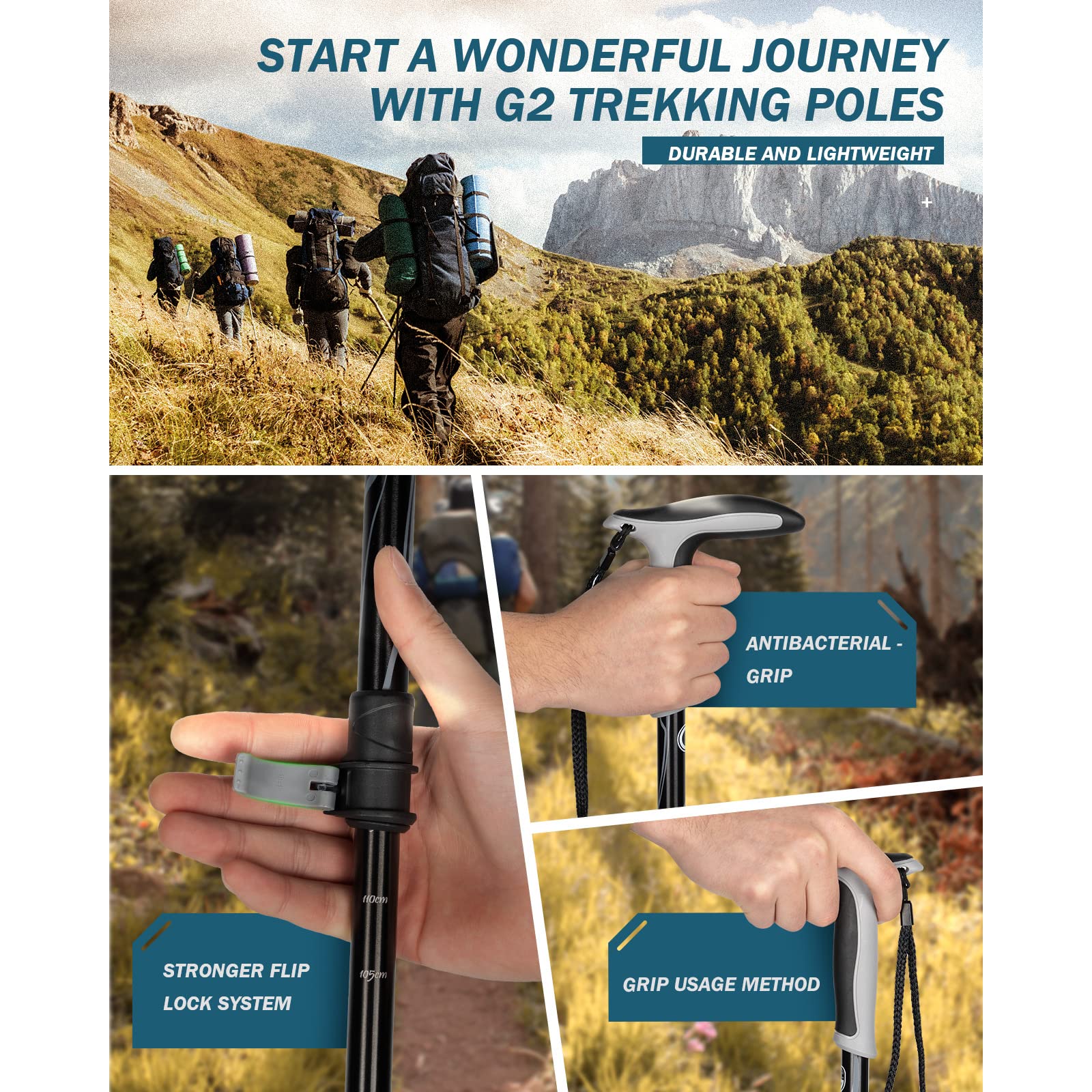 G2 Hiker Trekking Hiking Poles Telescopic/Aluminum Alloy/Comfort TPE Handle/Auto-Adjustable Strap/Quick Flip Lock/Snow Baskets Attached (Pack of 2 Poles),Black/Blue/Red