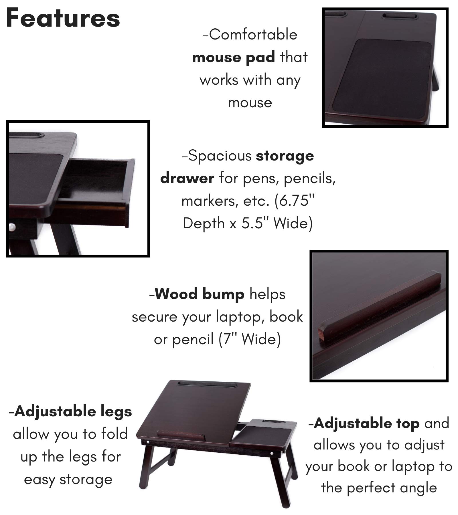 Sofia + Sam Laptop Bed Tray with Storage Drawer and Media Slots | Folding Legs and Mouse Pad | Fits Laptops Up to 15" | Tablets Up to 9.6" | Smart Phones Up to 4" | Espresso | Work from Home Desk