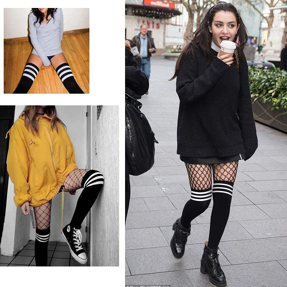 DRESHOW 3 Pairs High Thigh Socks Striped Over Knee Thin Tights Long Stocking Knee High Leg Warmer