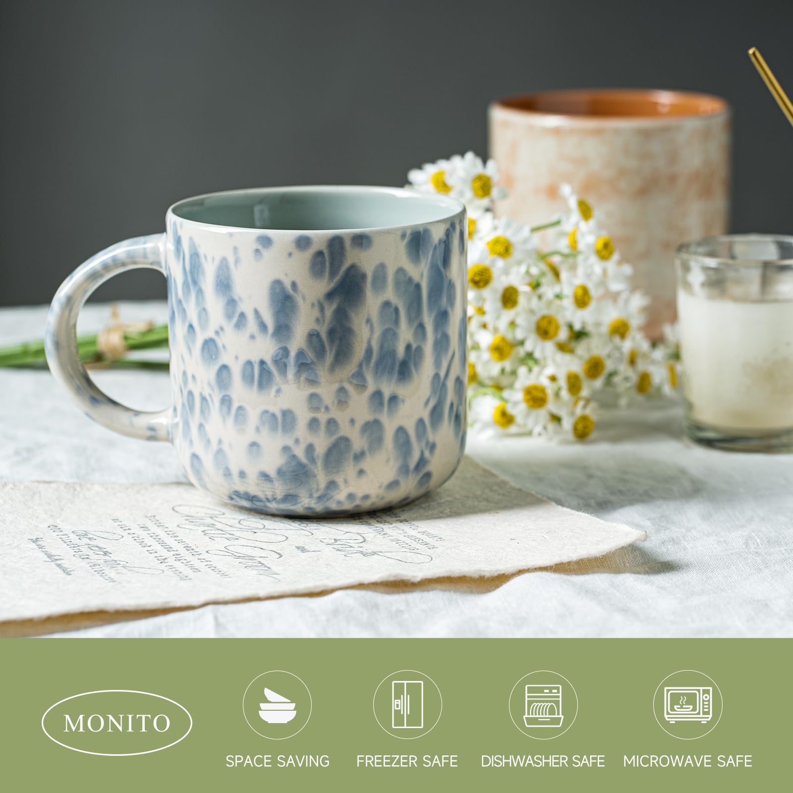 MONITO 12 OZ Coffee Mugs Set of 4, Large Ceramic Coffee Mugs,Modern Coffee Mugs Set with handle for Tea/Latte/Cappuccino/Milk/Cocoa, Funny Tea Cups for Office and Home, Engagement Gifts (12 oz)