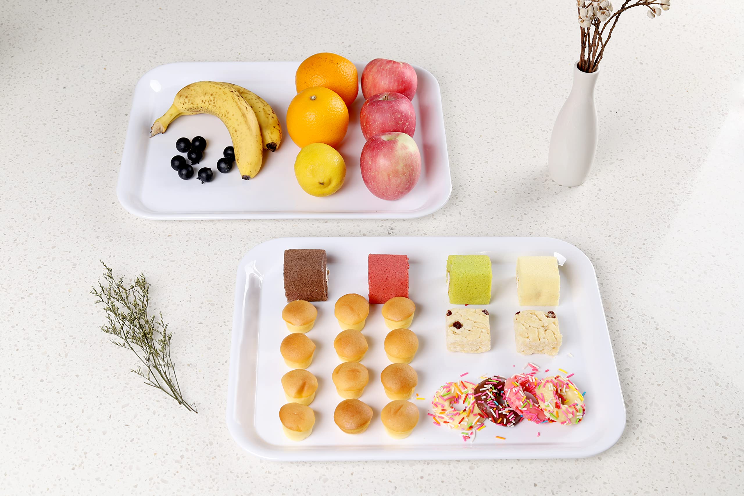 FlosSolis 15.1"x11.3" White Serving Tray Set of 2, Melamine Rectangular Serving Tray/Platters Stackable Sturdy and Easy Clean for Serving Food,Fruit,Desserts,Breakfast,Meals,BPA Free