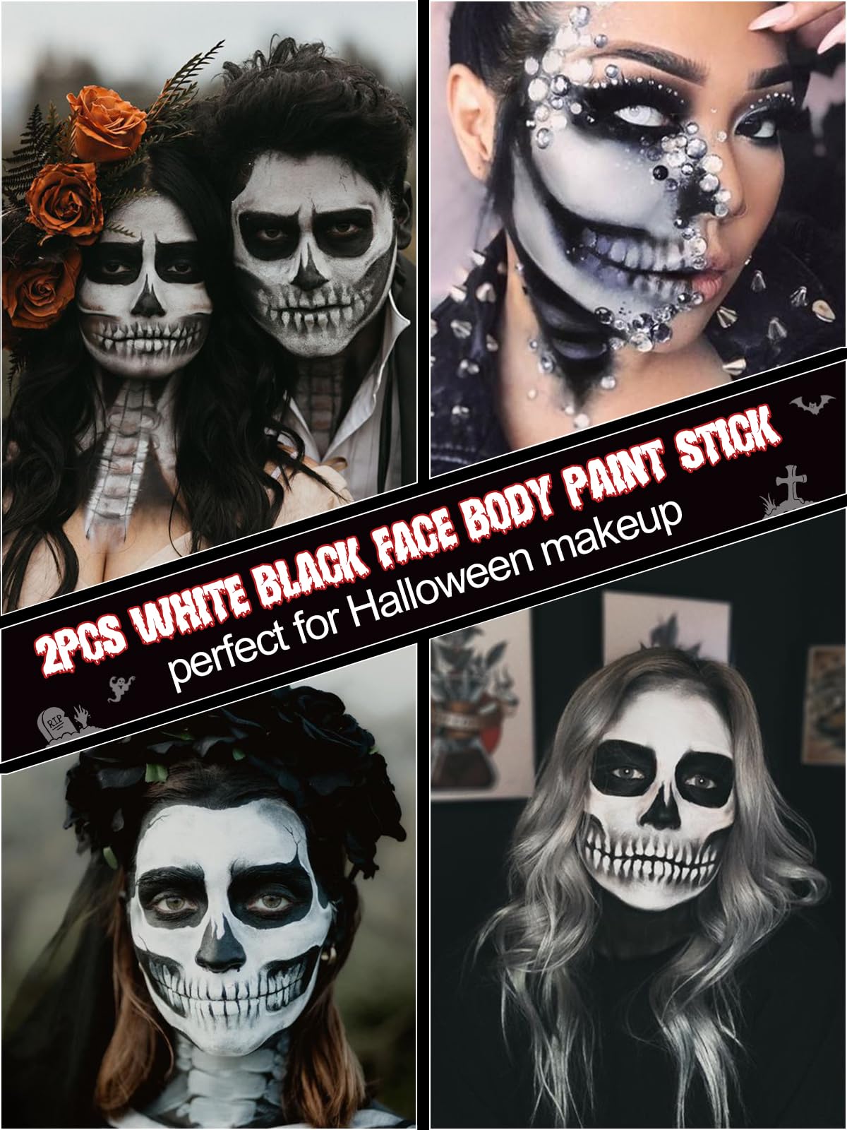 EBANKU 2Pcs White Black Face Body Paint Stick, , Eye Black Sticks for Sports White Cream-Blendable Stick Waterproof Sweatproof for Christmas Cosplay