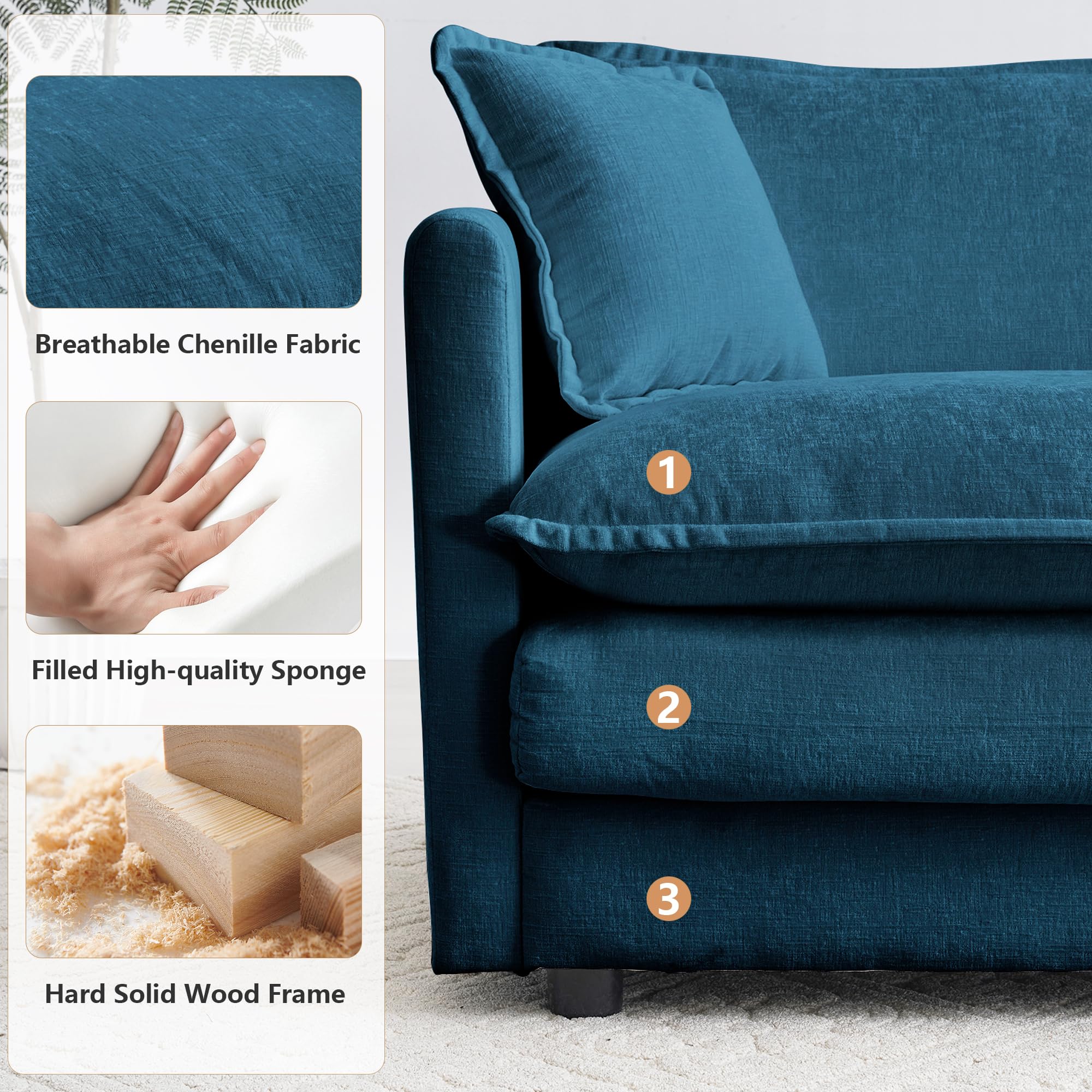 mikibama Luxury 2 Piece Sofa Set, 2 Pieces of Loveseat Sofa, Modern Chenille Comfy Cloud Couches Set for Living Room Office with 4 Armrest Pillows and 4 Toss Pillows, Blue