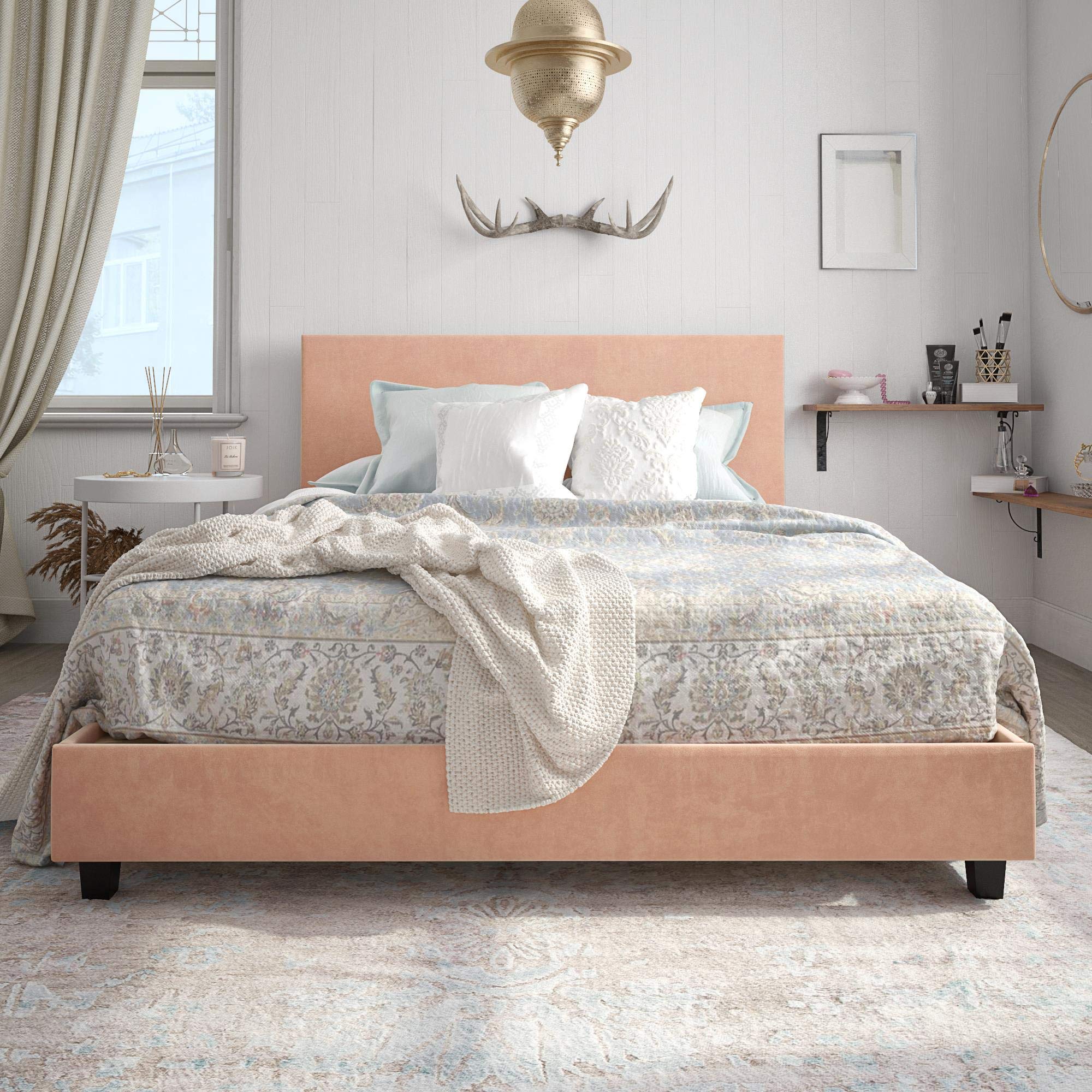 DHP Carley Upholstered Bed, White Faux Leather, Queen