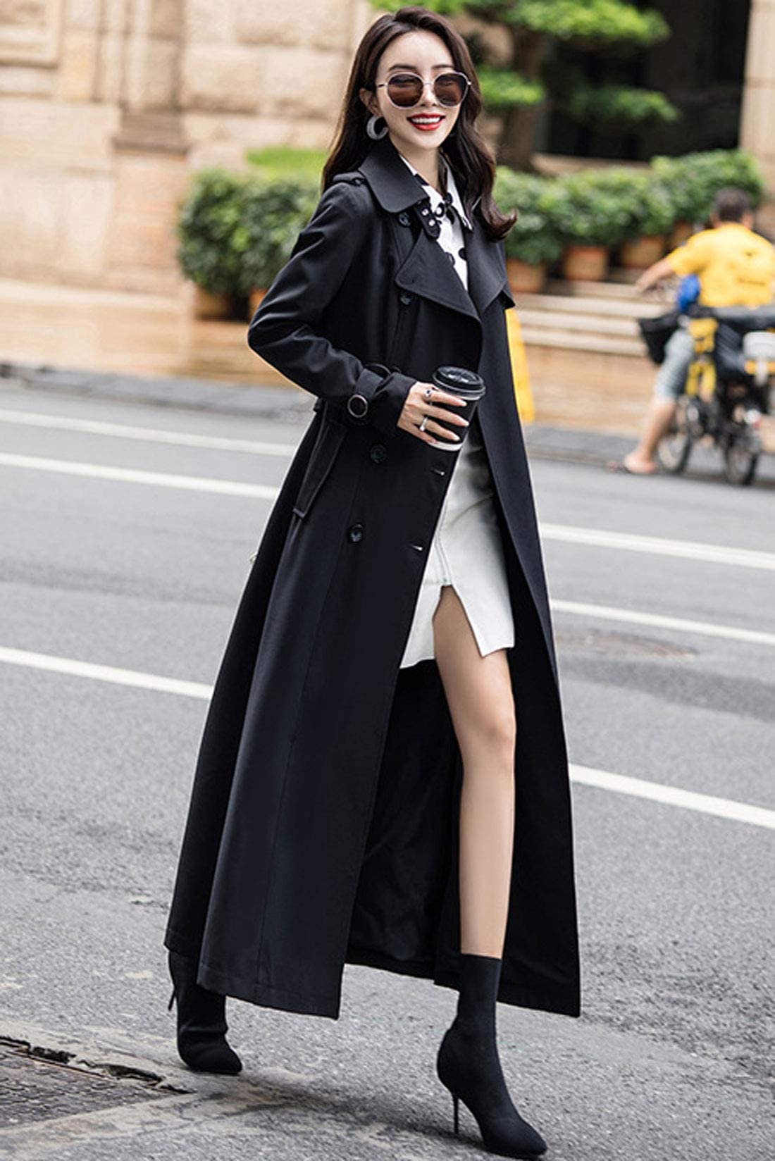 ebossy Women's Double Breasted Duster Trench Coat Slim Full Length Maxi Long Overcoat (X-Small, Black)
