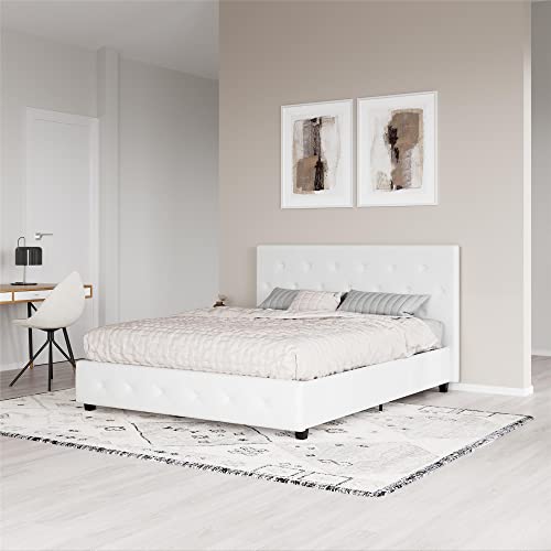 DHP Dakota Upholstered Platform Bed with Diamond Button Tufted Headboard and Footboard, No Box Spring Needed, Queen, White Faux Leather