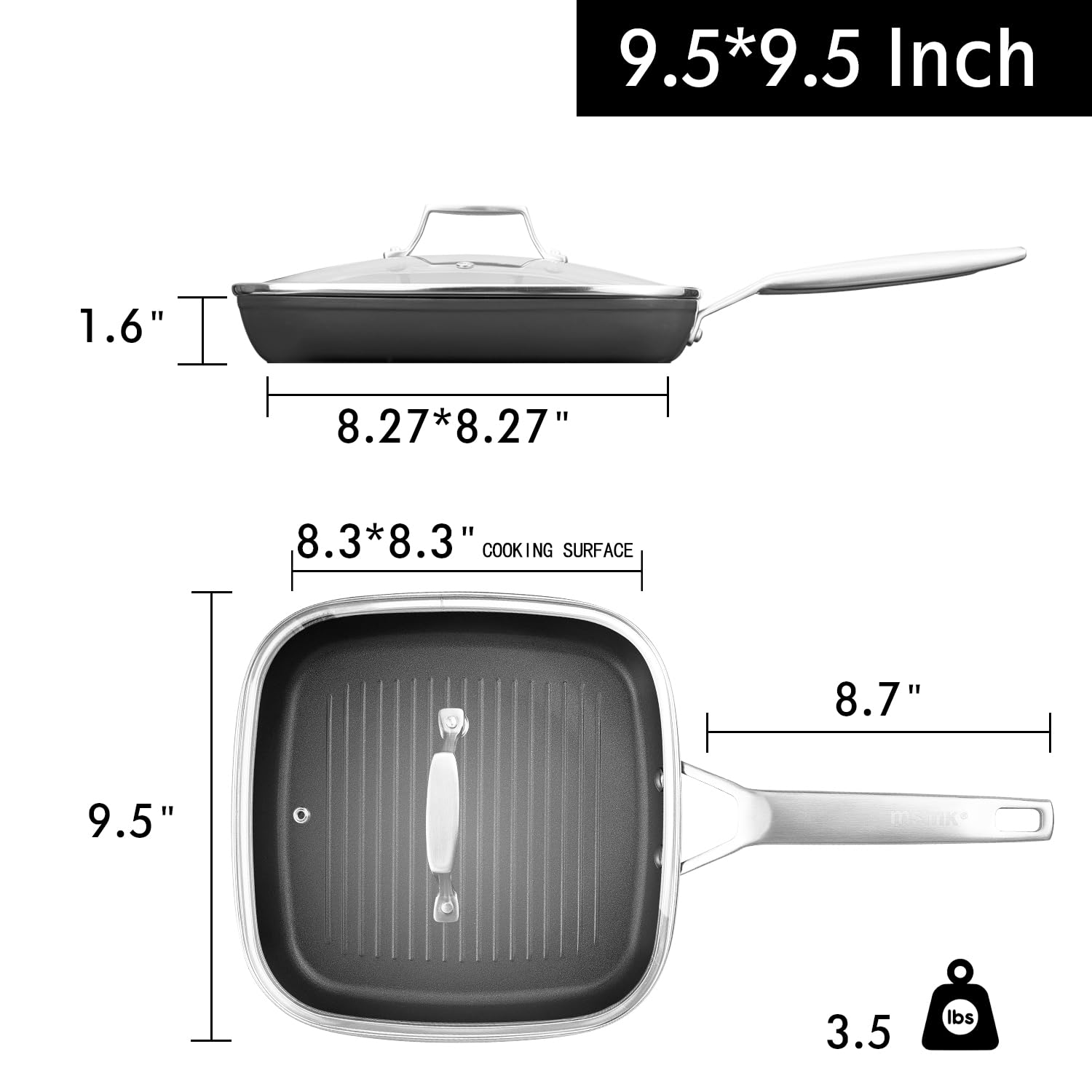 MsMk Square Grill Pan with Lid, 9.5 Inch Titanium and Ceramic Nonstick Grilling Skillet Pan,Stay-Cool Handle,Compatible with All Stovetops,PFOA Free,Dishwasher & Oven Safe,Indoor Chicken Skille