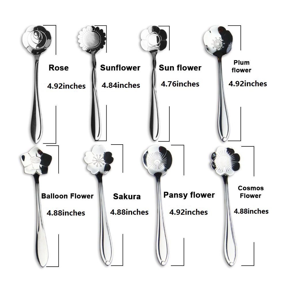 ERCRYSTO Stainless Steel Tableware Creative Flower Coffee Spoon, Stirring Spoon, Sugar Spoon, Stir Bar Spoon, Mixing Spoon, Tea Spoon, Ice Tea Spoon, Ice Cream Spoons, 8 Different Patterns in 1 Set