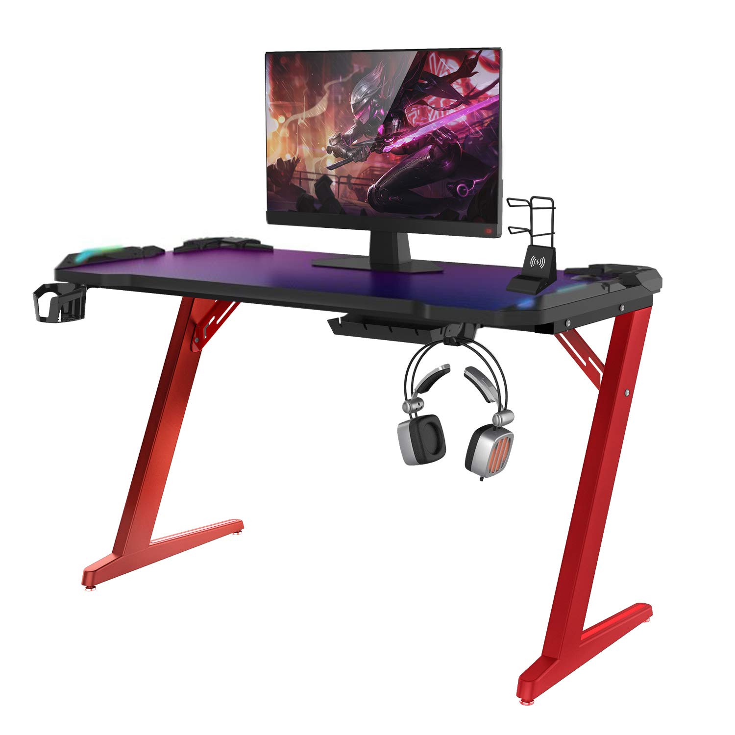 Dancing Wolf New Model Gaming Desk 47 inch with USB Gaming Handle Rack, RGB LED Light，Cup Holder & Headphone Hook (Red)