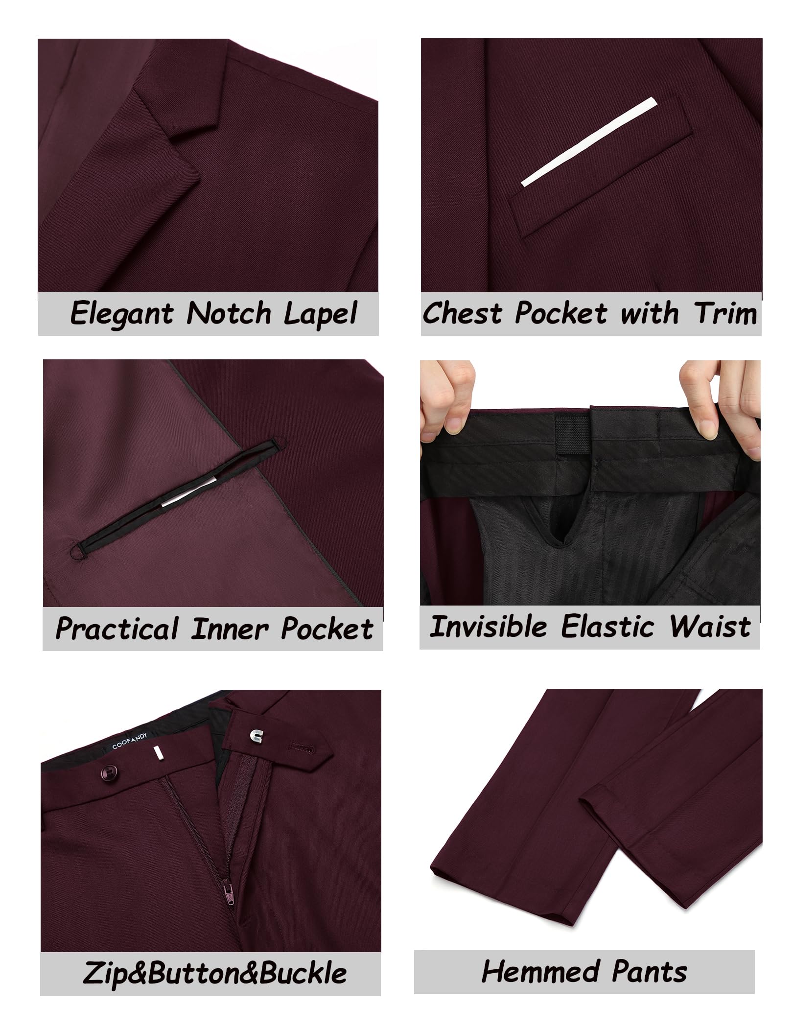 COOFANDY Christmas Suits for Men 2 Pieces Slim Fit Solid Color 2 Buttons Jacket Pants for Wedding Dinner Party Burgundy