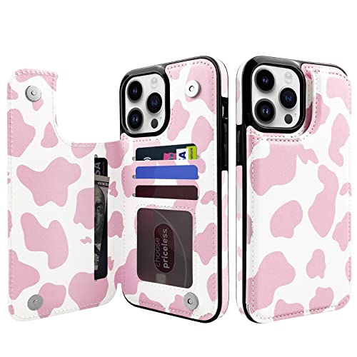 TopPerfekt Flip Leather Wallet Case Card Holder Compatible with iPhone 13 Pro Max 6.7" Women and Girls with Card Holder Kickstand Double Magnetic Clasp Pink Cow Pattern