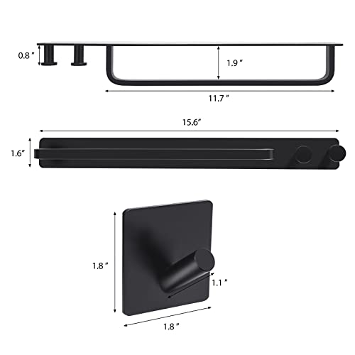 VETAID Towel Bar Self Adhesive Bathroom Towel Holder with 2 Pack Towel Hooks 15.6-Inch Stick on Wall Towel Rack No Drill Bath Towel Holder Sticky Towel Hanger Black