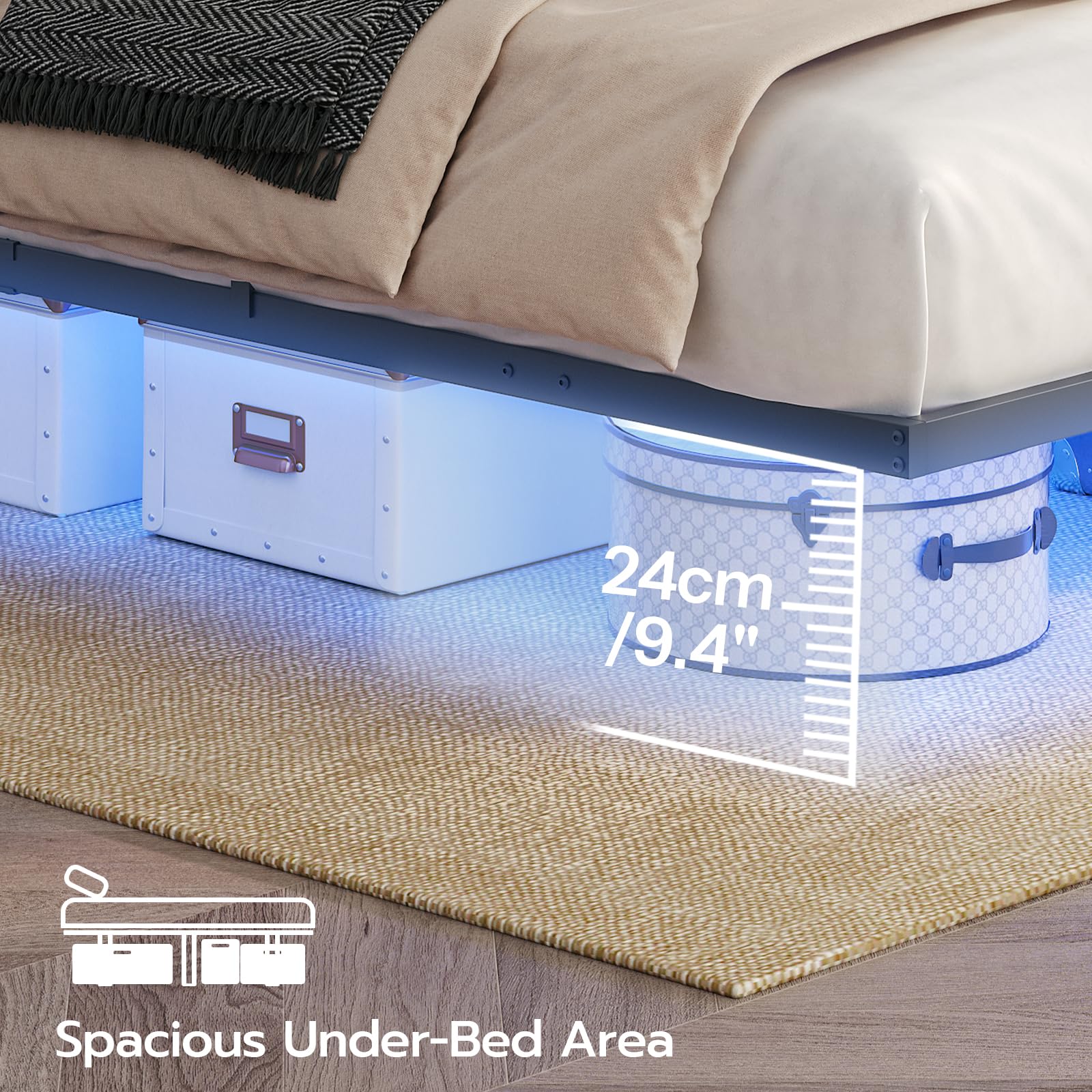 HOOBRO Floating Bed Frame King Size, Bed Frame with Charging Station and LED Lights, Industrial Style Metal Platform King Bed, Soundless, No Box Springs Needed, Black