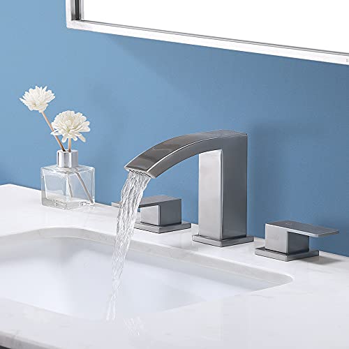 Friho Modern Widespread 3 Hole Waterfall Brushed Nickel Bathroom Faucet, Extra Large Rectangular Spout 8 inch Bathroom Vanity Sink Faucet with Pop Up Drain and Supply Lines
