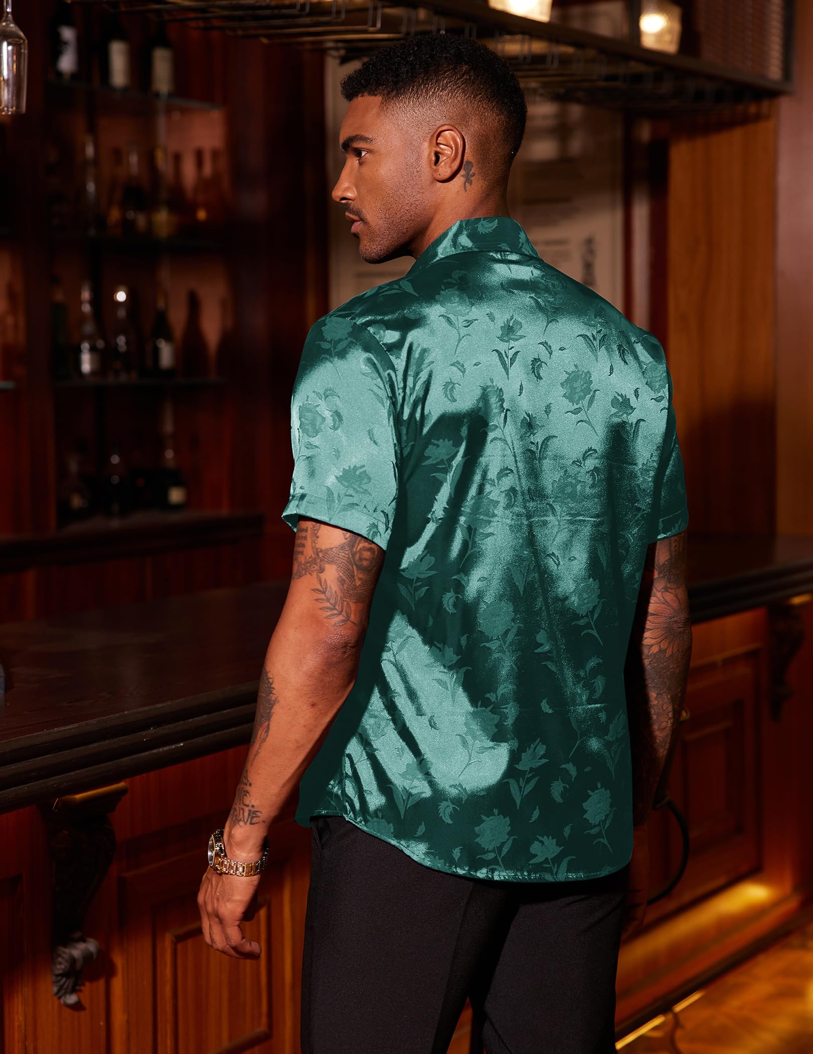 COOFANDY Men's Jacquard Satin Button Down Shirts Short Sleeve Silk Shirts Casual Summer Beach Shirt Green Large