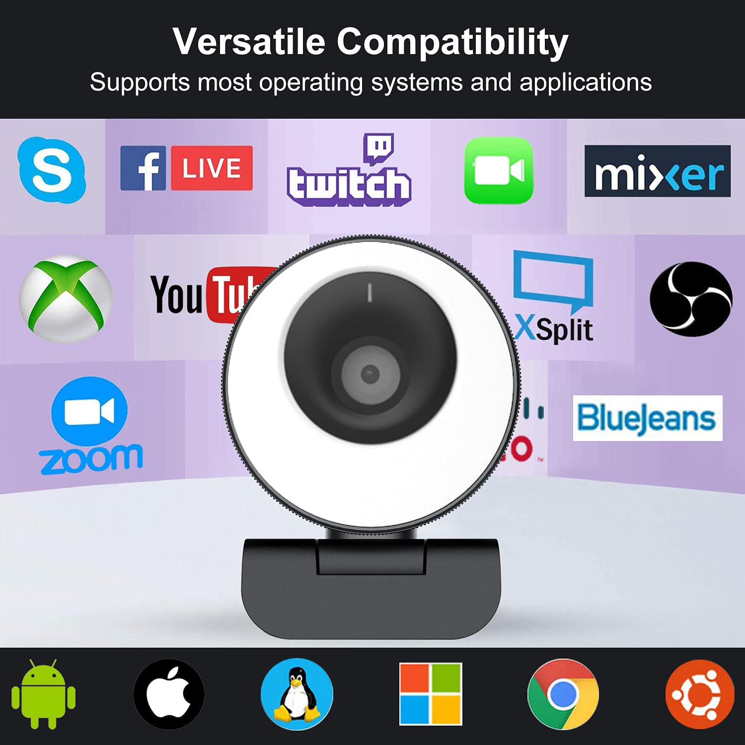 COSHIP 1080P 60FPS Webcam for PC, with Microphone, 2024 Computer Camera with Ring Light, Privacy Cover, Advanced Auto-Focus, Adjustable Brightness, Streaming Web Camera for Zoom Skype