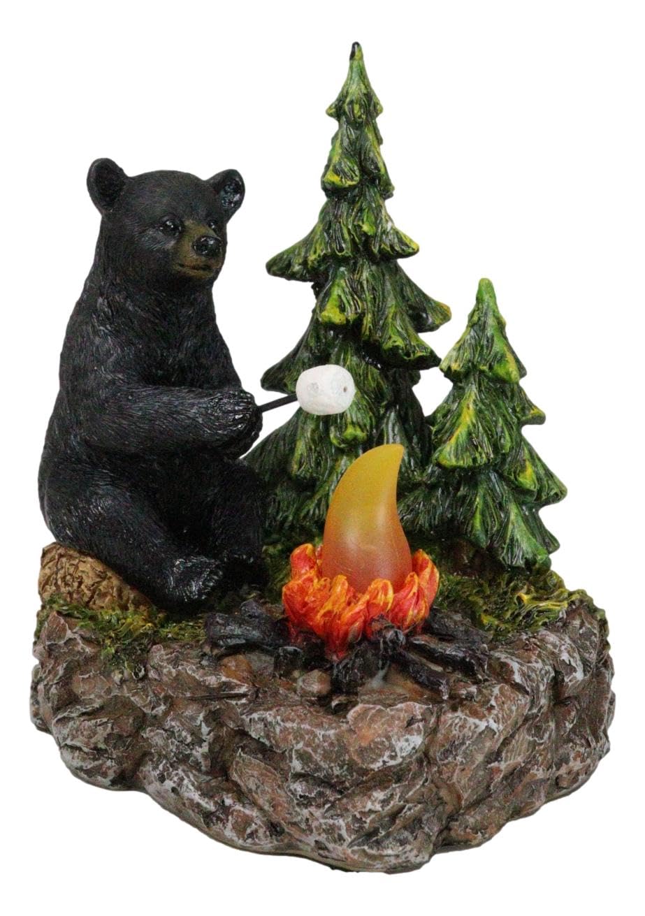 Ebros Whimsical Rustic Forest Black Bear Holding Twig with Marshmallow by Bonfire Campfire LED Night Light Statue Woodland Cabin Lodge Decor Bears Figurine As Decorative Home Accent