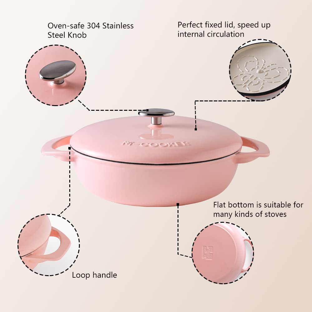 M-COOKER 3.8 Quart Enameled Cast Iron Braiser Pan with Lid,Covered Cast Iron Casserole Dish, Shallow Dutch Oven with Lid, Gift Idea for Family, Oven Safe (Sakura pink)