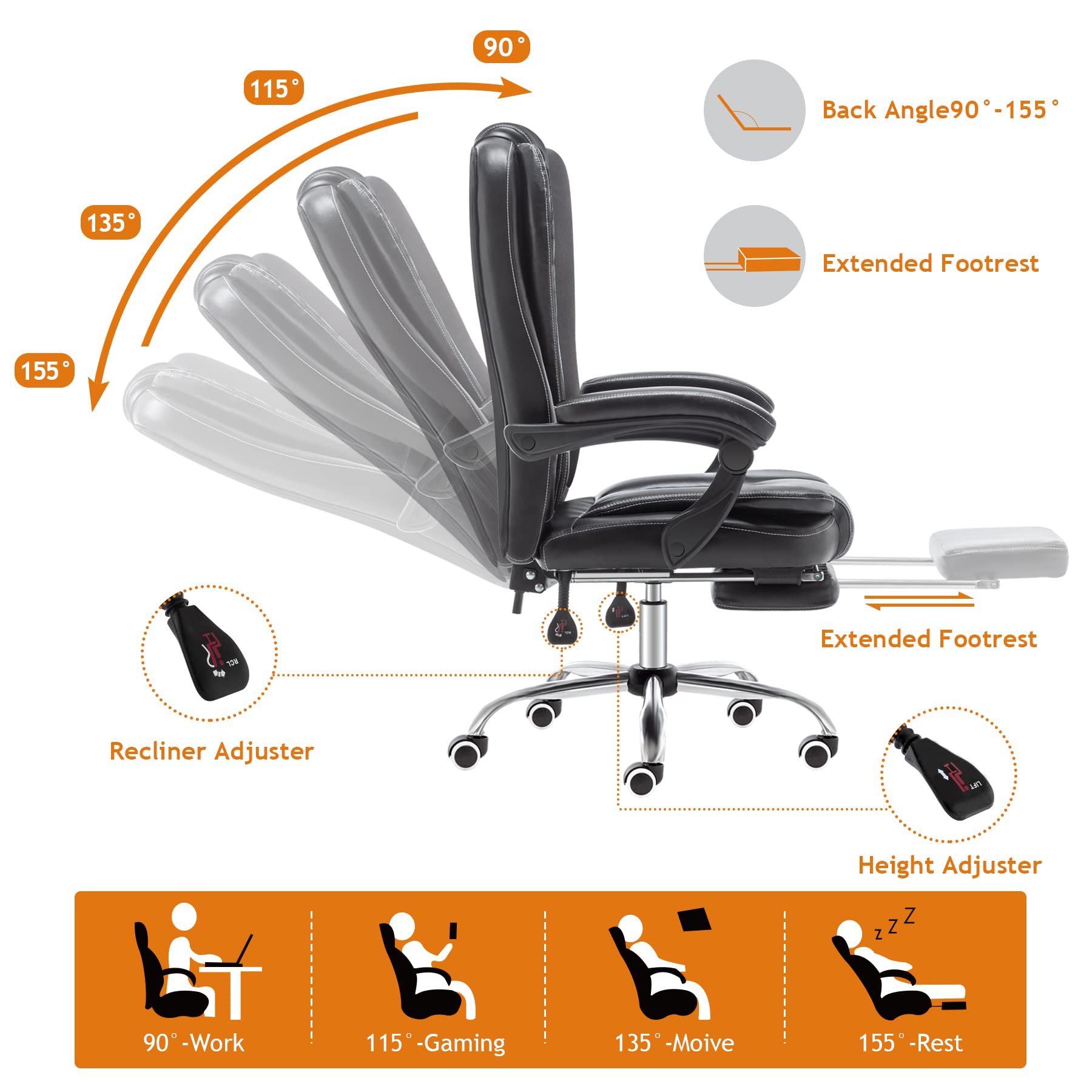 Erinnyees Executive Office Chair, PU Ergonomic Chair with Footrest and Linkage Armrests, 90°-155° Reclining Office Chair, 360° Swivel Computer Desk Chair with Back Support, Black