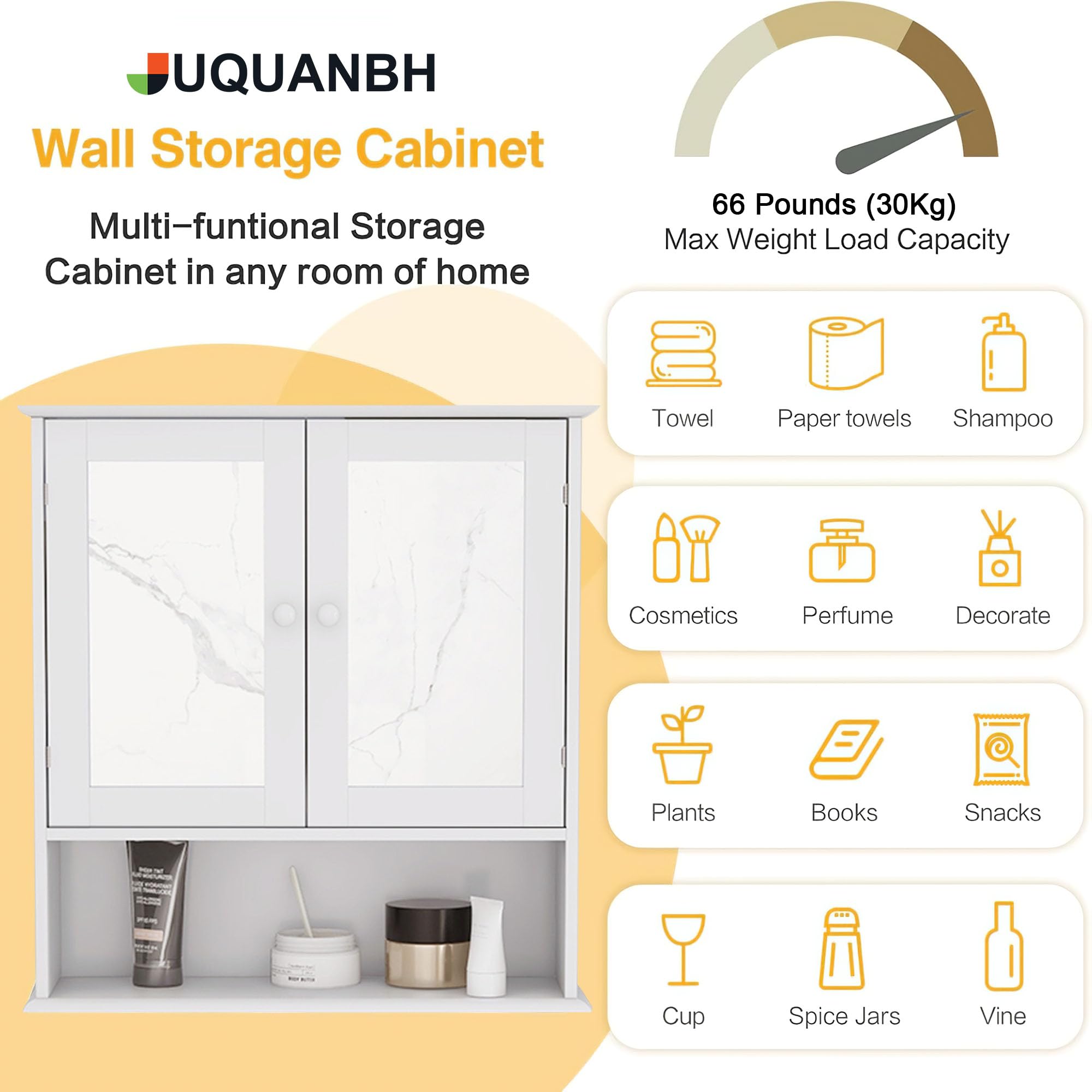 JUQUANBH Bathroom Wall Cabinet, Medicine Cabinets for Bathroom with Doule Mirror Doors 3 Open Shelf, Wooden Bathroom Storage Cabinet