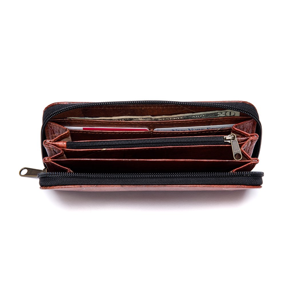Tree Tribe Handmade Leaf Leather Women's Zip Wallet - Cards + Cash + Coin Purse - Brown