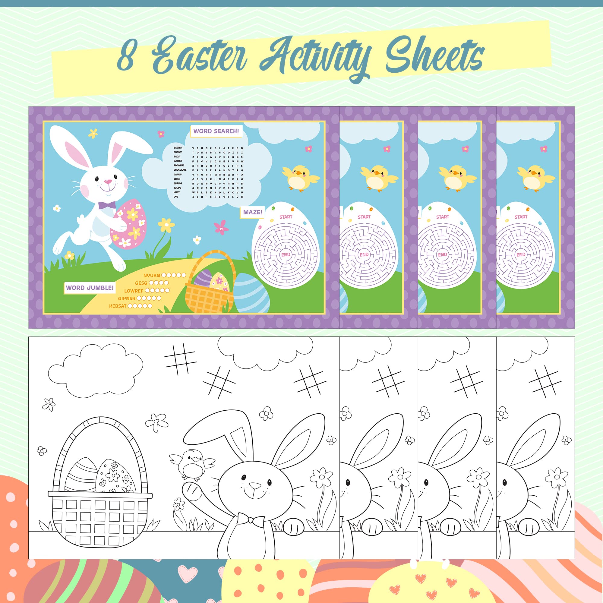 Creative Converting 1 Count Spring Easter Activity Tablecloths 54" x 88" and 8 Coloring Activity Sheets - Games for Kids Party or Luncheon - Word Search, Tic Tac Toe, Eggs, Bunny