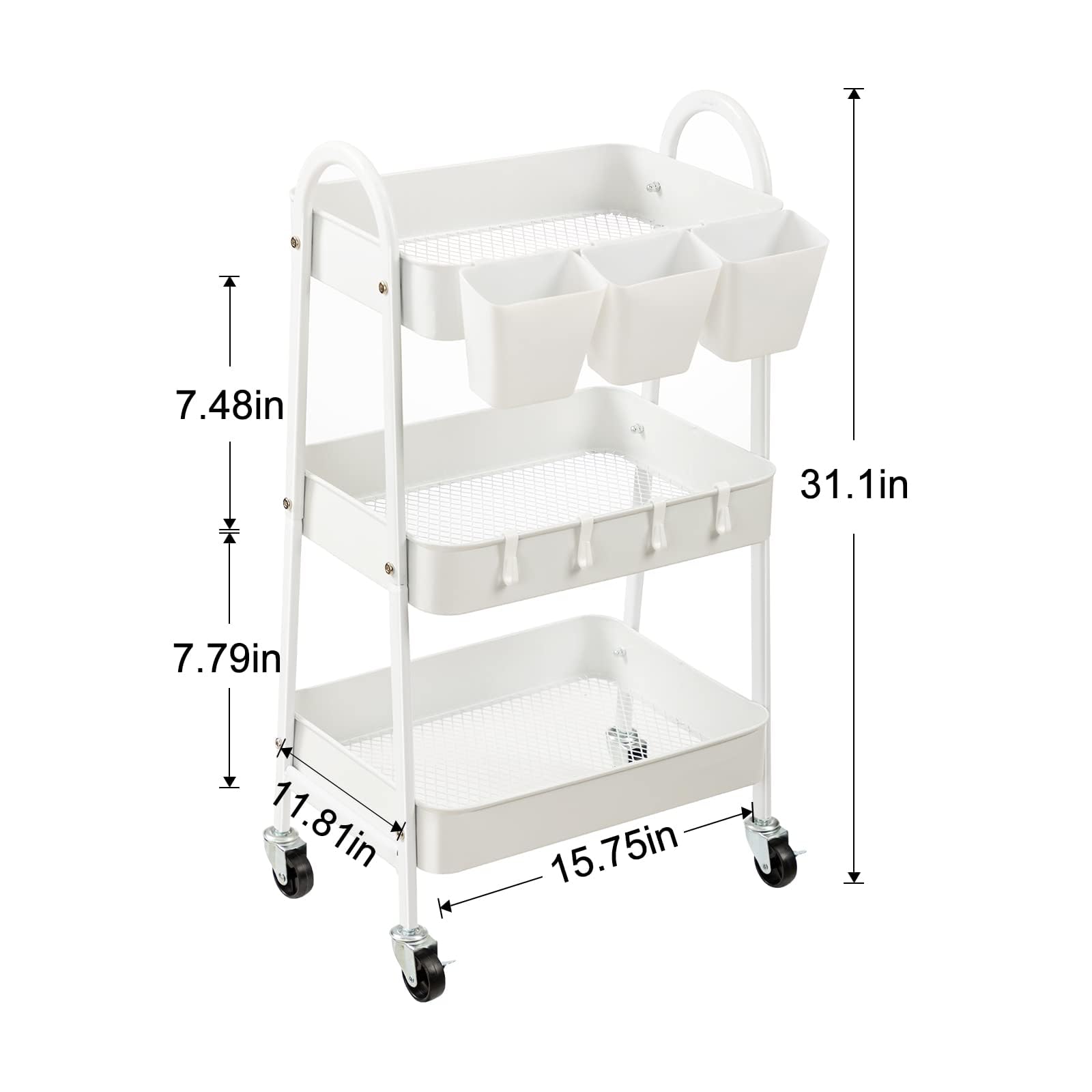 danpinera 3-Tier Rolling Cart, Metal Rolling Storage Cart with Lockable Wheels & Hanging Cups & Hooks, Mobile Trolley Cart for Kitchen, Bathroom, Office, Workshop, White