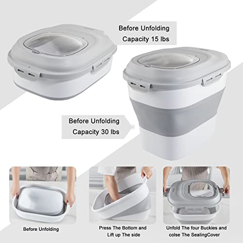 SUT Gray Rice Food Storage Containers, Collapsible 20 to 50 Lbs Large Sealed Grain Container Storage, Airtight Dispenser Bin with Rolling Wheel and Locking Lid, Pet Food Container For Kitchen Holder