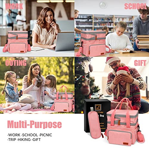 Insulated Lunch Bag for Women Men, Expandable Dual Compartment Lunch Bag with Utensil Pouch, Adult Large Lunch Box for Work, Leakproof Lunch Cooler Bag with Shoulder Strap for Picnic Beach