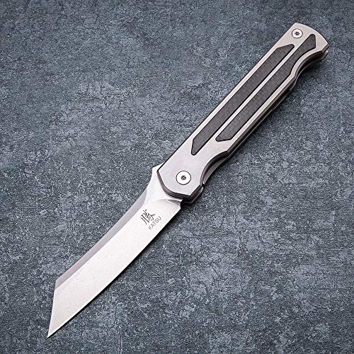 KATSU Camping Pocket Folding Japanese Knife, Titanium & Carbon Fiber Handle, Frame Lock, Stonewashed Cleaver Razor Blade, Leather Sheath