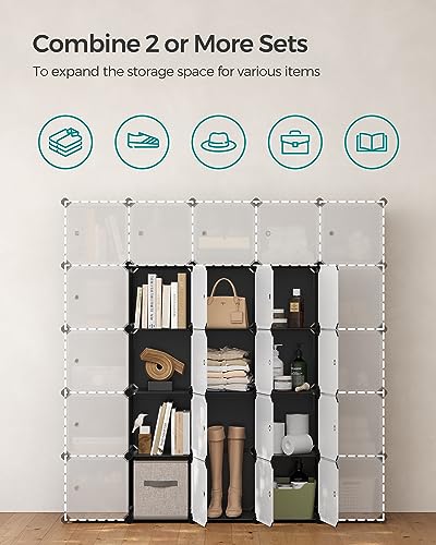 SONGMICS Cube Storage with Door, Set of 12 Plastic Cubes, Closet Storage Shelves, DIY Plastic Closet Cabinet, Modular Bookcase, Shelving with Doors for Bedroom, Living Room, Black and White ULPC34HV1