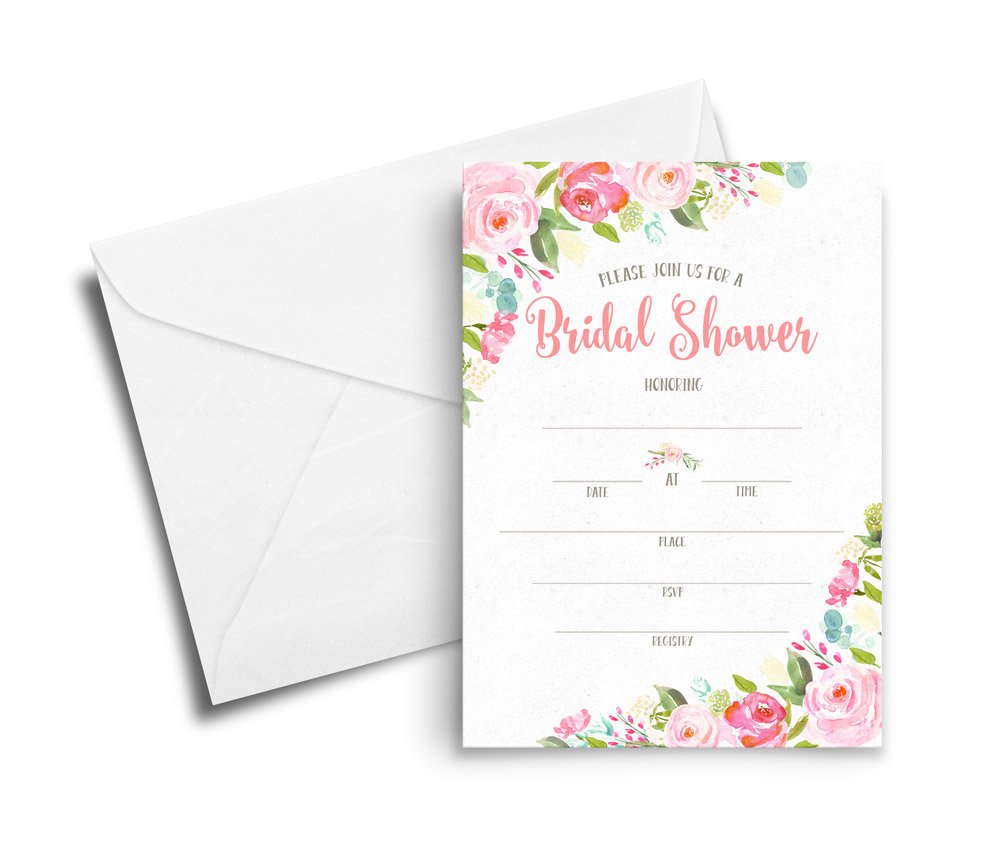 Printed Party Bridal Shower Invitations and Envelopes, Floral, Set of 40