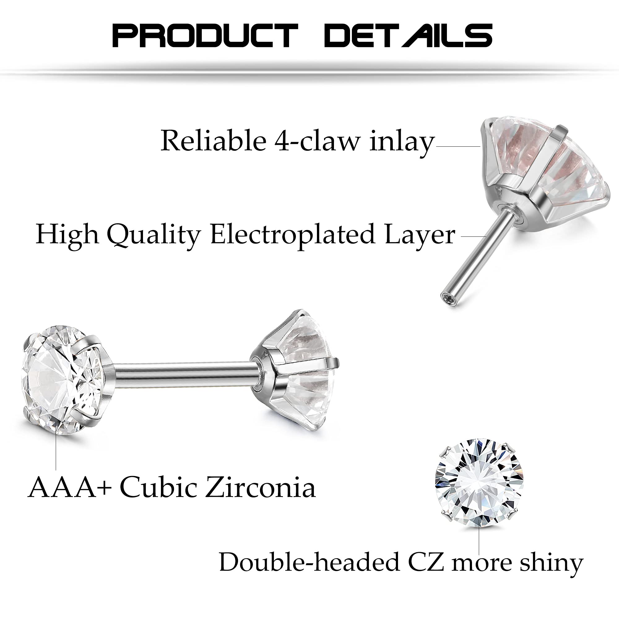 Drperfect 16G Cartilage Earring Stud for Women Men Internally Threaded Double 2MM 3MM 4MM 5MM Round Cubic Zirconia Tragus Helix Piercing Jewelry