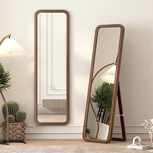 LVSOMT Wooden Full Length Mirror, Full Body Mirror, Standing Floor Mirror, Solid Wood Frame, Rounded Corner, Stand Up or Wall-Mounted, Dressing Mirror for Bedroom, Rustic Mirror, 63"×18”, Walnut