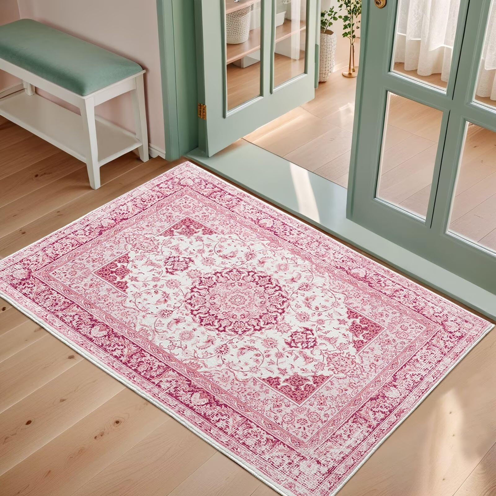 Macgace 2x3 Small Washable Rugs for Entryway, Faux Wool Vintage Throw Rug for Entrance Kitchen, Low Pile Soft Boho Floor Covering Carpet Retro Distressed Medallion Mat Traditional Interiors, Pink