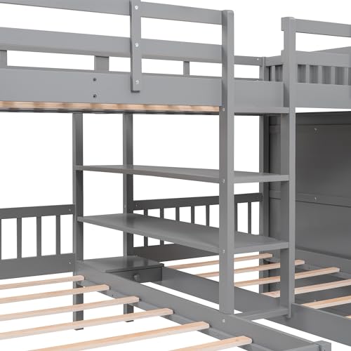 RORIGAT Twin&Twin Triple Bunk Bed with Large Wardrobe, Drawers and Shelves Storage, Wooden L-Shaped Bunkbed Frame w/Mirror for 3 Kids Teens Adults Bedroom, Full/Twin/Twin,Gray