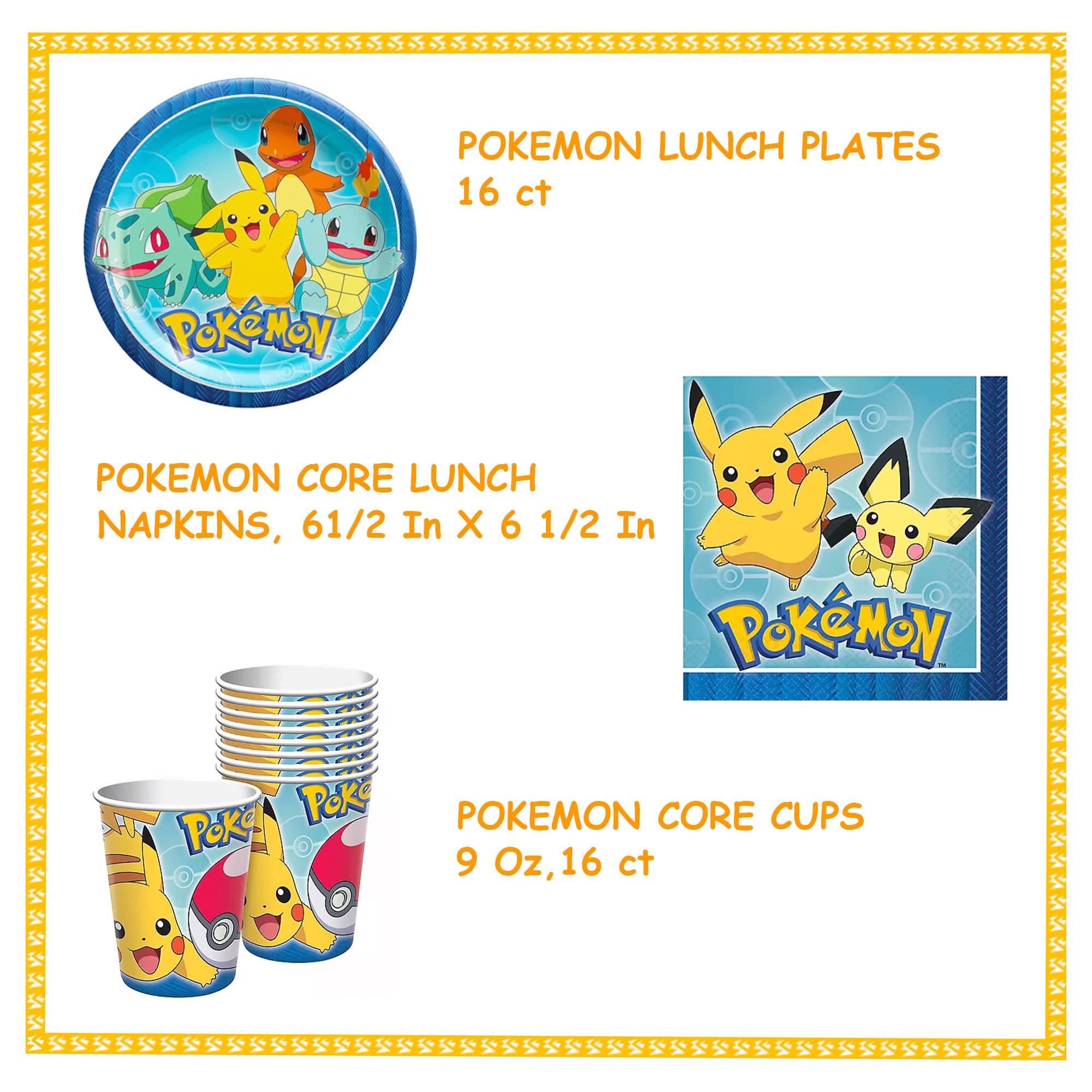 Pokémon Party Supplies and Decoration Pack Serves 16: Jumbo Birthday Banner, Dinner Napkins, Dinner Plates, Cups and Table Cover with Birthday Candles (Bundle for16)