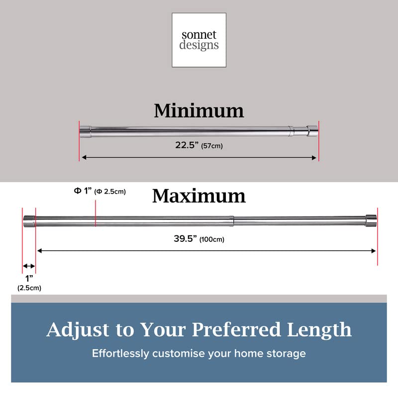Sonnet Designs Adjustable Closet Rod - Closet Rods for Hanging Clothes, Wardrobe, Shower Pole, Kitchen, Windows, Rustproof Stainless Steel - 22.5 to 39.5β Closet Hanging Rod