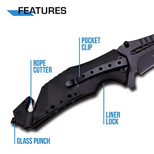 MTech USA β Spring Assisted Folding Knife β Black Stainless Steel Blade and Black Aluminum Handle with Rope Cutter, Glass Punch and Pocket Clip - Hunting, Camping, Survival, Tactical, EDC β MT-A845BK