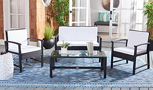 SAFAVIEH Outdoor Collection Krissy Wicker Cushion 4-Piece Living Set PAT7711A, Black/White