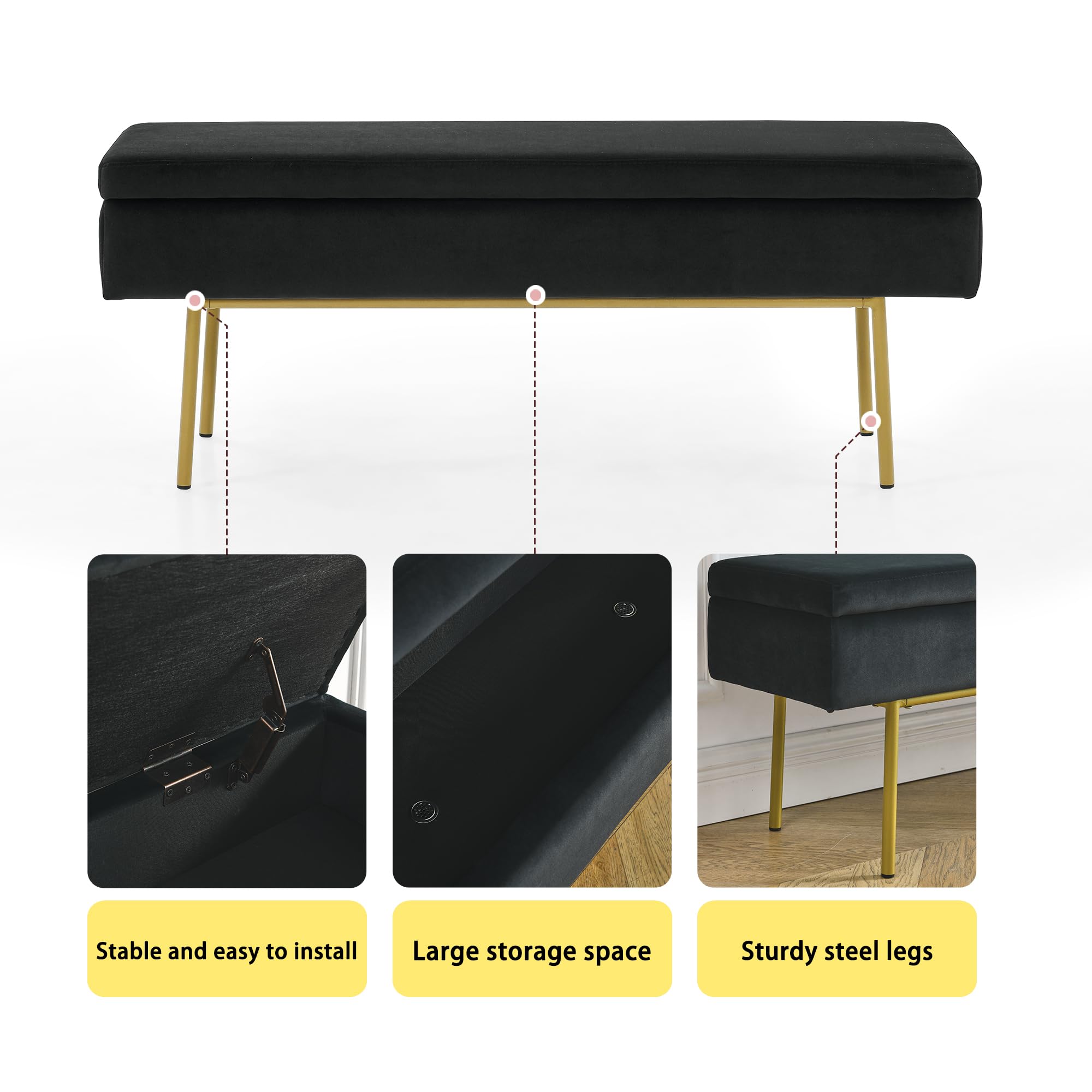 ECLYL Velvet Upholstered Bench, 45ββ End of Bed Bench, Modern Ottoman Bench with Metal Legs for Living Room, Entryway, Dining Room (Black Gold)